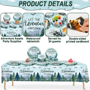 146 PCS Adventure Awaits Party Supplies Let The Adventure Begin Plates Napkins Adventure Table Cover Disposable Paper Plates Napkins Tablecloth Hanging Swirls Banner for Baby Shower Birthday Party