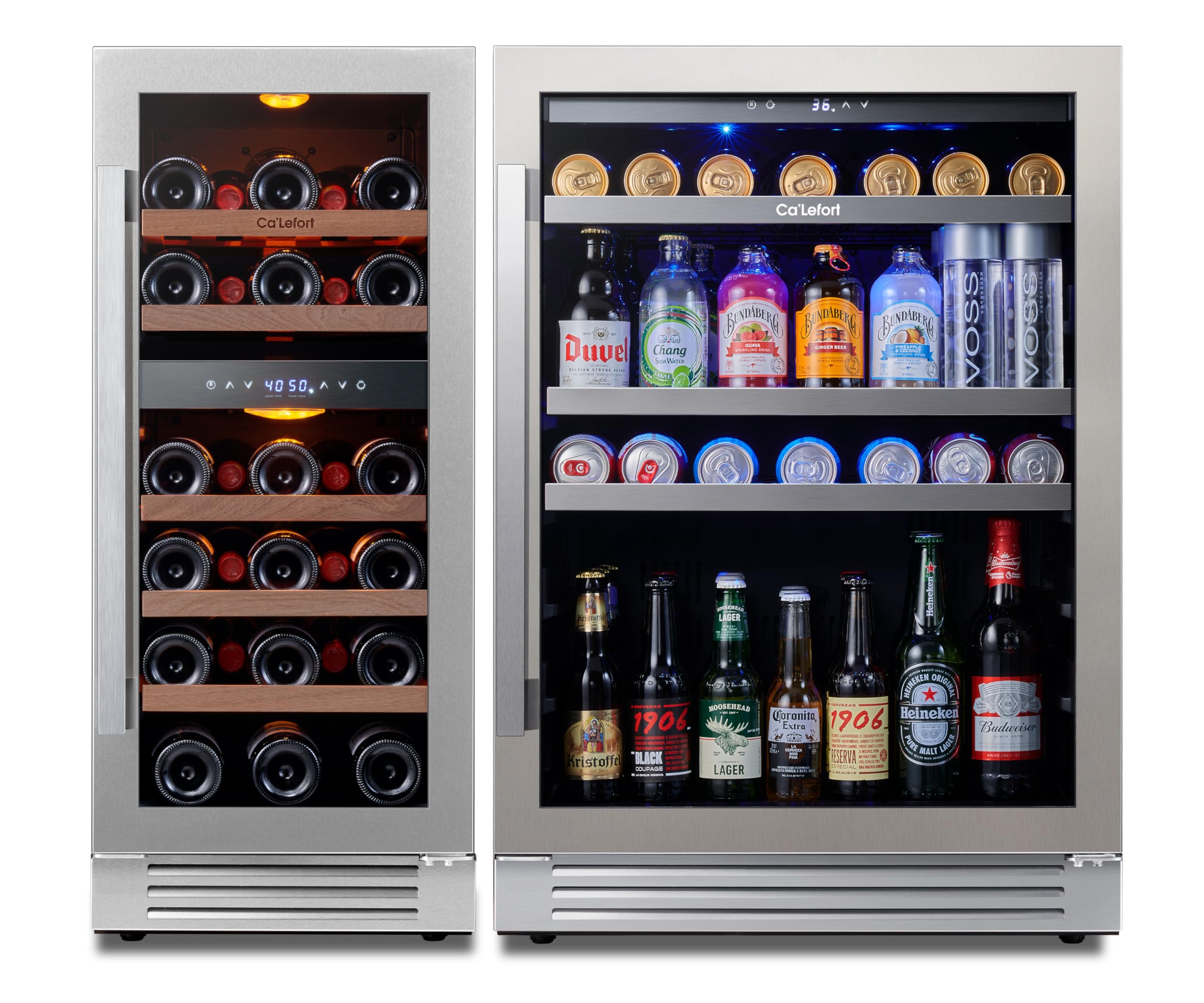 Ca'Lefort Wine Beverage Refrigerator - 39 Inch 34-65°F Drink Fridge Glass Door, 3 LED Beverage Cooler Built-in or Freestanding, Holds 180 Cans and 28 Bottles (24'' & 15" Bundle)