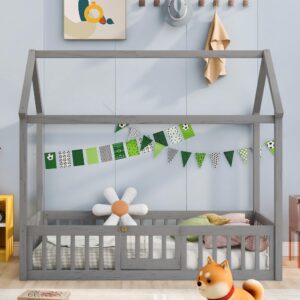 House Bed Twin Bed Frames for Kids,Wood Montessori Floor Bed with Fence and Door Design, Twin Floor Bed with Rails for Girls Boys, Grey Wash