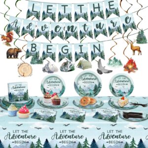 146 pcs adventure awaits party supplies let the adventure begin plates napkins adventure table cover disposable paper plates napkins tablecloth hanging swirls banner for baby shower birthday party