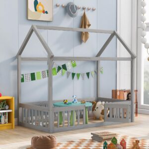 house bed twin bed frames for kids,wood montessori floor bed with fence and door design, twin floor bed with rails for girls boys, grey wash