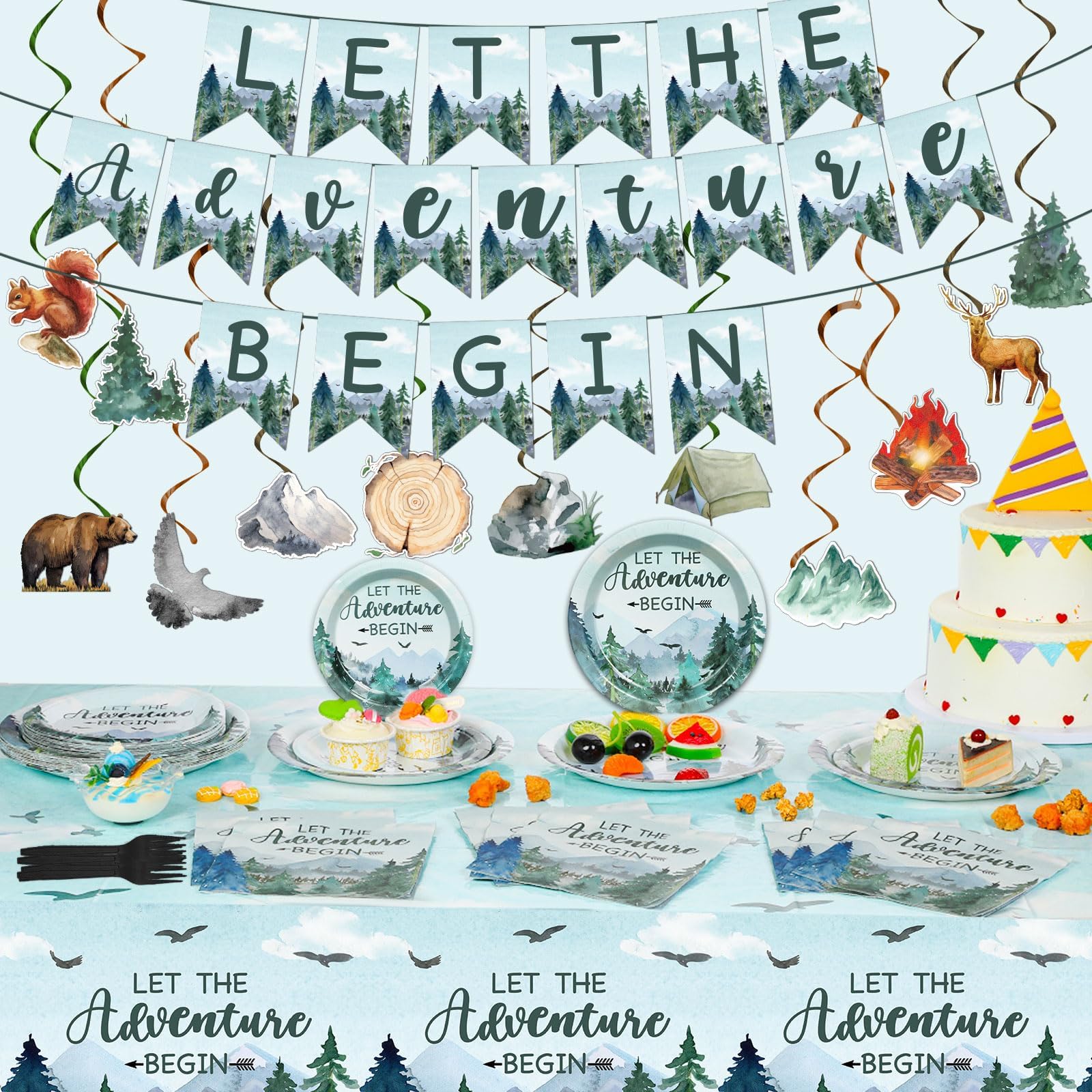 146 PCS Adventure Awaits Party Supplies Let The Adventure Begin Plates Napkins Adventure Table Cover Disposable Paper Plates Napkins Tablecloth Hanging Swirls Banner for Baby Shower Birthday Party