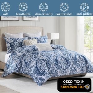 Quilta Navy Duvet Cover Queen - 100% Cotton Queen Duvet Cover Set Damask Duvet Cover 3pcs Soft & Lightweight with Zipper Closure & 8Ties for All Seasons 90 x 90 (No Comforter)