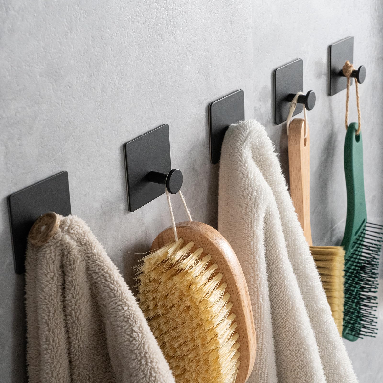 CasaZentro Adhesive Hooks - 5 Pack Towel Hooks for Bathroom, Matte Black Shower Hooks for Hanging Robes Coat, Wall Hooks Stick on Kitchen, Stainless Steel