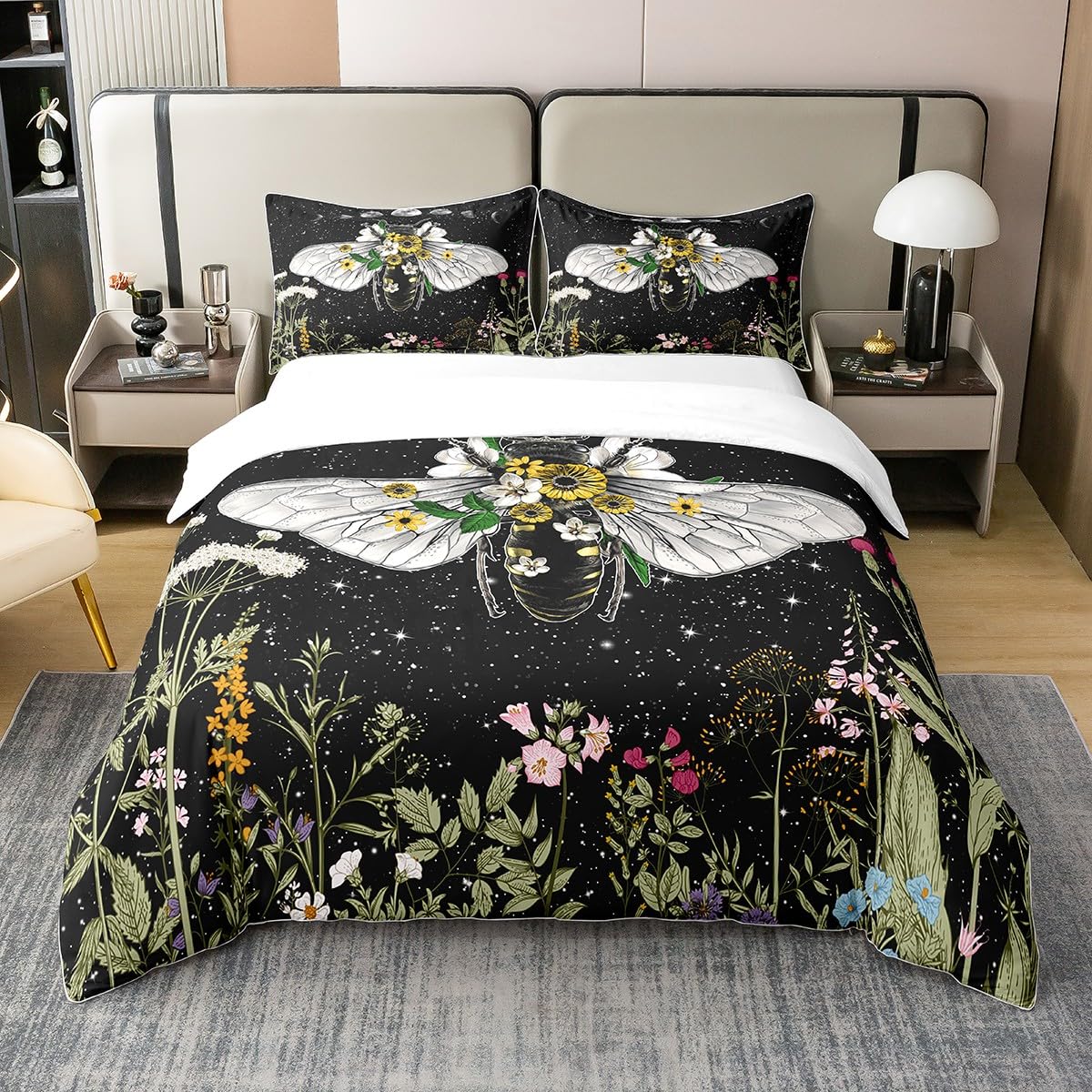 jejeloiu Sun Moon Duvet Cover 100% Cotton Queen Size Death Moth Bedding Cotton Duvet Cover Set for Bedroom Skull Decor Sunflowers Botanical Blossom Black Yellow Bedding Set