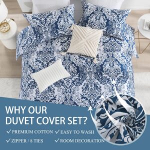 Quilta Navy Duvet Cover Queen - 100% Cotton Queen Duvet Cover Set Damask Duvet Cover 3pcs Soft & Lightweight with Zipper Closure & 8Ties for All Seasons 90 x 90 (No Comforter)