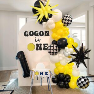 one happy dude balloon arch garland kit, 126pcs 18" 12" 10" 5" yellow black balloons with checkered foil balloons for one happy dude birthday decorations baby shower boys 1st birthday party supplies