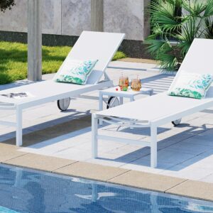 SUNLEI Lounge Chair for Outside Set of 2, Movable Chaise Lounge Outdoor, Pool Recliner Lounge Chairs with Adjustable Backrest & Textilene, Sturdy Aluminum Frame, Tanning Chair for Patio, White