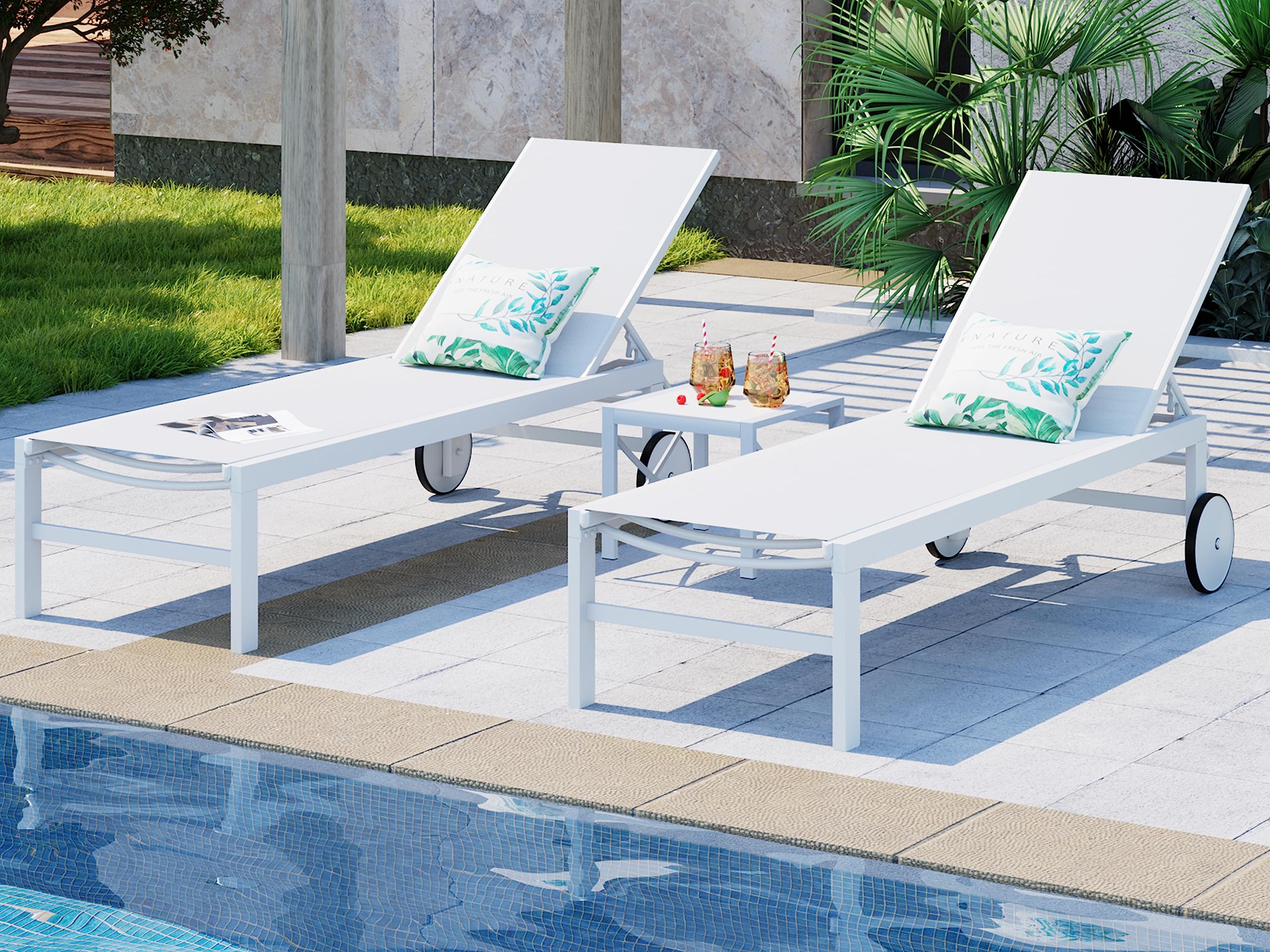 SUNLEI Lounge Chair for Outside Set of 2, Movable Chaise Lounge Outdoor, Pool Recliner Lounge Chairs with Adjustable Backrest & Textilene, Sturdy Aluminum Frame, Tanning Chair for Patio, White