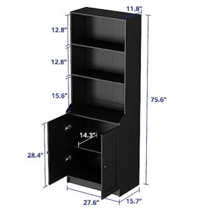 Cozy Castle 75 Inch Tall Bookshelf with Doors, Modern Floor Standing 5-Tier Bookcase with Storage Cabinet and Adjustable Shelves for Living Room, Office, Bedroom 27.6" W x 15.7" D x 75.6" H, Black