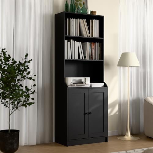 Cozy Castle 75 Inch Tall Bookshelf with Doors, Modern Floor Standing 5-Tier Bookcase with Storage Cabinet and Adjustable Shelves for Living Room, Office, Bedroom 27.6" W x 15.7" D x 75.6" H, Black