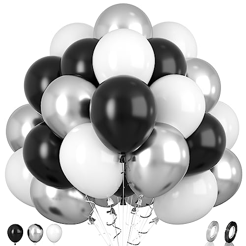 Paready Black Silver Balloons, Black White Party Balloons 12 Inch Metallic Silver and Black White Latex Balloons Silver Black Helium Balloons for Boys Birthday Party Baby Shower Wedding Graduation