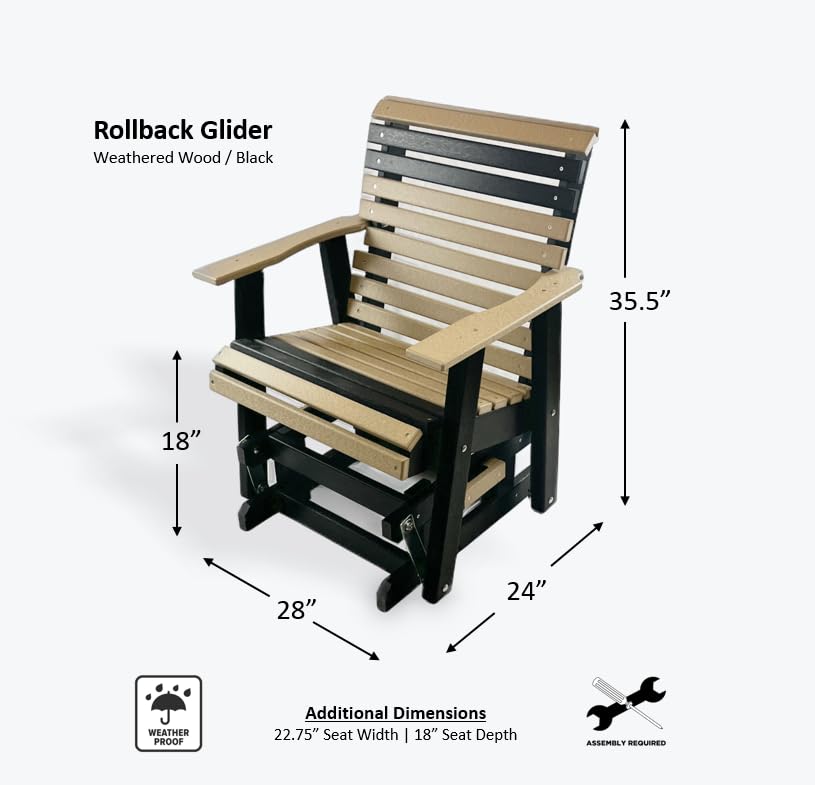 Poly Outdoor Glider - Premium Quality | Affordable Price - Amish Handcrafted in The USA - 20-Year Warranty - All-Weather Resistant & Maintenance Free - Rollback Style (Weathered Wood/Black)