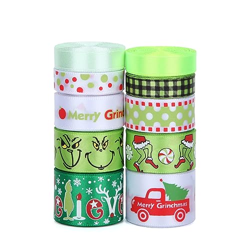 Meseey Red Green Ribbon 10 Rolls Total 50 Yards Christmas Craft Satin Ribbon Funny Cartoon Character Gift Wrapping Ribbon Decorative Ribbon for Xmas Tree Wreath Bows DIY Craft Decoration (Christmas)