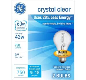 ge crystal clear 60w 750 lumens energy efficient general purpose halogen bulbs (2 bulb packs) - 24 pack (48 bulbs)