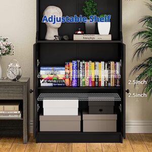 Cozy Castle 75 Inch Tall Bookshelf with Doors, Modern Floor Standing 5-Tier Bookcase with Storage Cabinet and Adjustable Shelves for Living Room, Office, Bedroom 27.6" W x 15.7" D x 75.6" H, Black