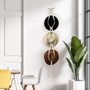 gute macrame hat hangers, boho hats rack for for wall hanging, black white woven women hat holder organizer for wide brim and fedoras sun hat cowboy hat display(white,3 hat style)