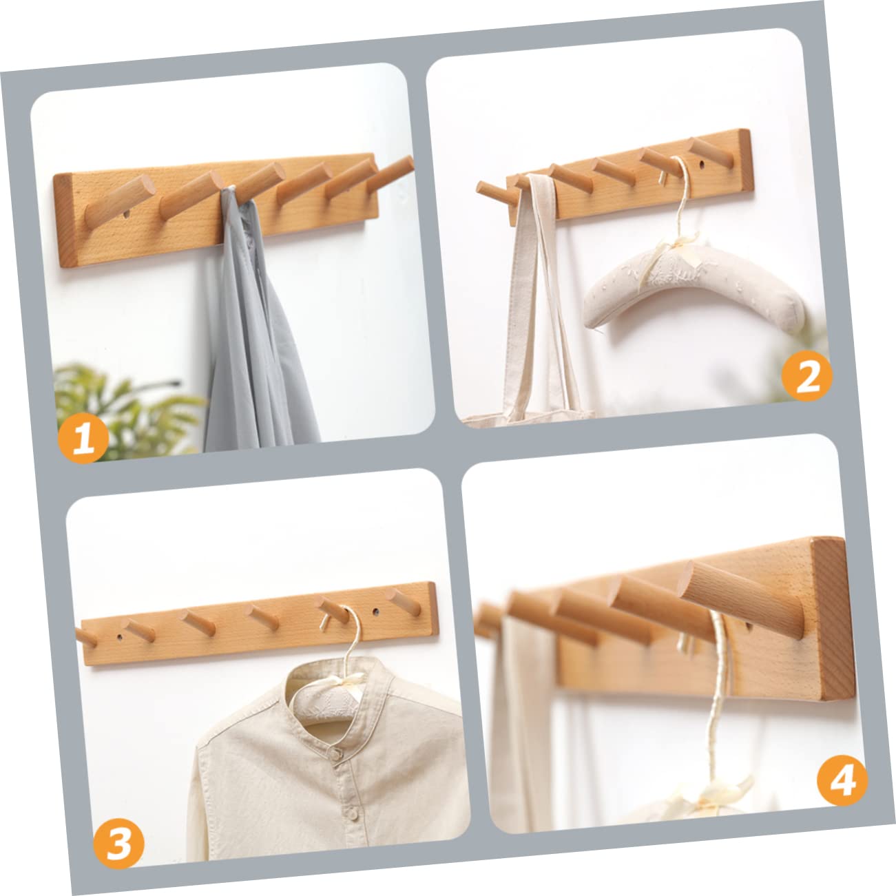 KONTONTY Clothes Hook Wood 6-Hook Wood Hook Rack Wood Wall Hook Rack Wooden Wall-Mounted Rack Hook 6-peg Wood Hook Coat Rack with Pegs Solid Wood 6-peg Rack