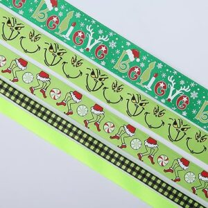 Meseey Red Green Ribbon 10 Rolls Total 50 Yards Christmas Craft Satin Ribbon Funny Cartoon Character Gift Wrapping Ribbon Decorative Ribbon for Xmas Tree Wreath Bows DIY Craft Decoration (Christmas)