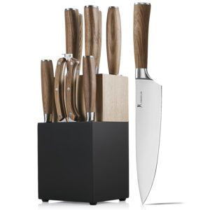 kangdelun natura series 9 pcs knife block set, ultra sharp high carbon stainless steel with wooden handle