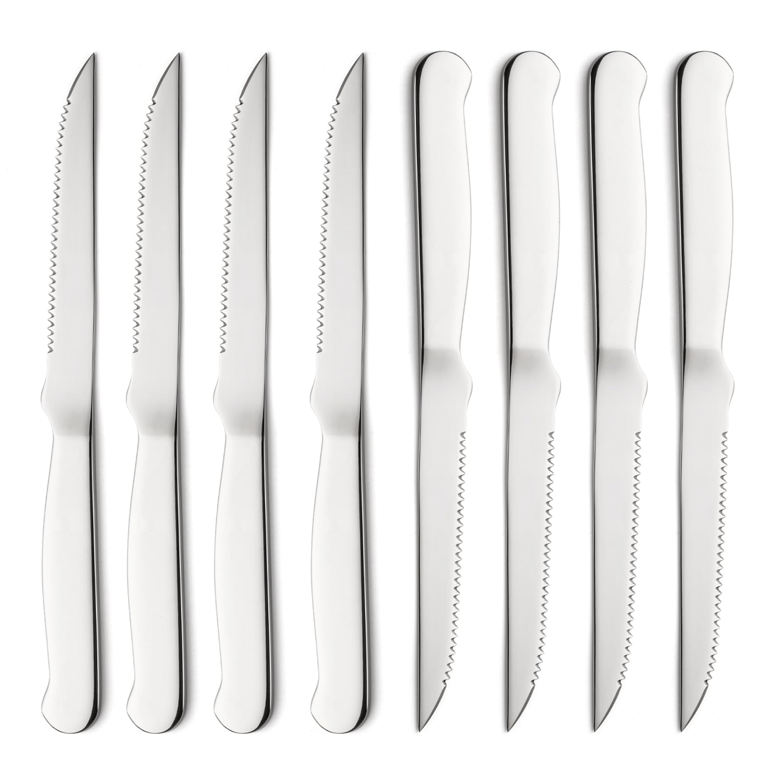 Steak Knives Set of 8, Eisinly Sharp Serrated Knife Set with Sturdy Full Stainless Steel Handle for Kitchen Restaurant Party, 9.5 Inches, Silver