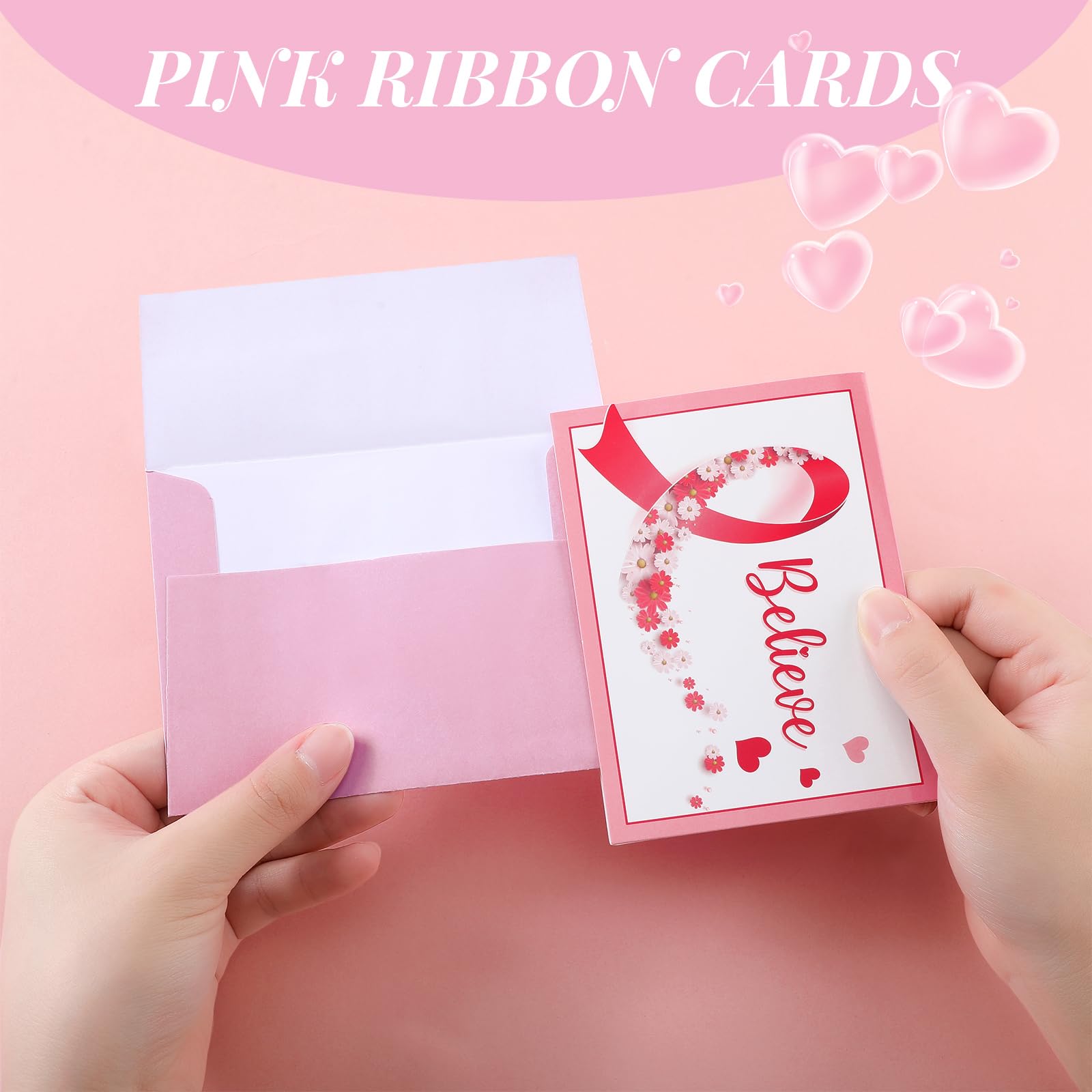 Tenceur 60 Sets Breast Cancer Cards Pink Ribbon Thank You Cards Breast Cancer Thank You Cards with Envelopes and Stickers for Breast Cancer Fundraising and Awareness Events