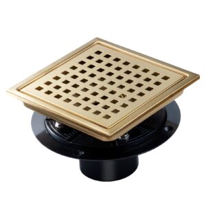 sanitemodar shower drain, 6 inch shower floor square drain with flange, removeable grid panel sus 304 stainless steel square shower drain, brushed gold…