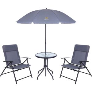 4-piece bistro set patio dining garden outdoor table with tilted removable umbrella glass and 2 folding chairs grey metal