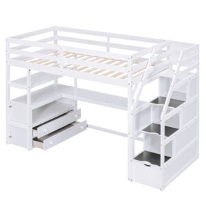 Twin Loft Bed with Stairs and Desk, Wood Loft Bed Frame with Storage Cabinet, High Loft Beds with Drawers & Shelf for Kids, Juniors, Teen, Boys, Girls, White