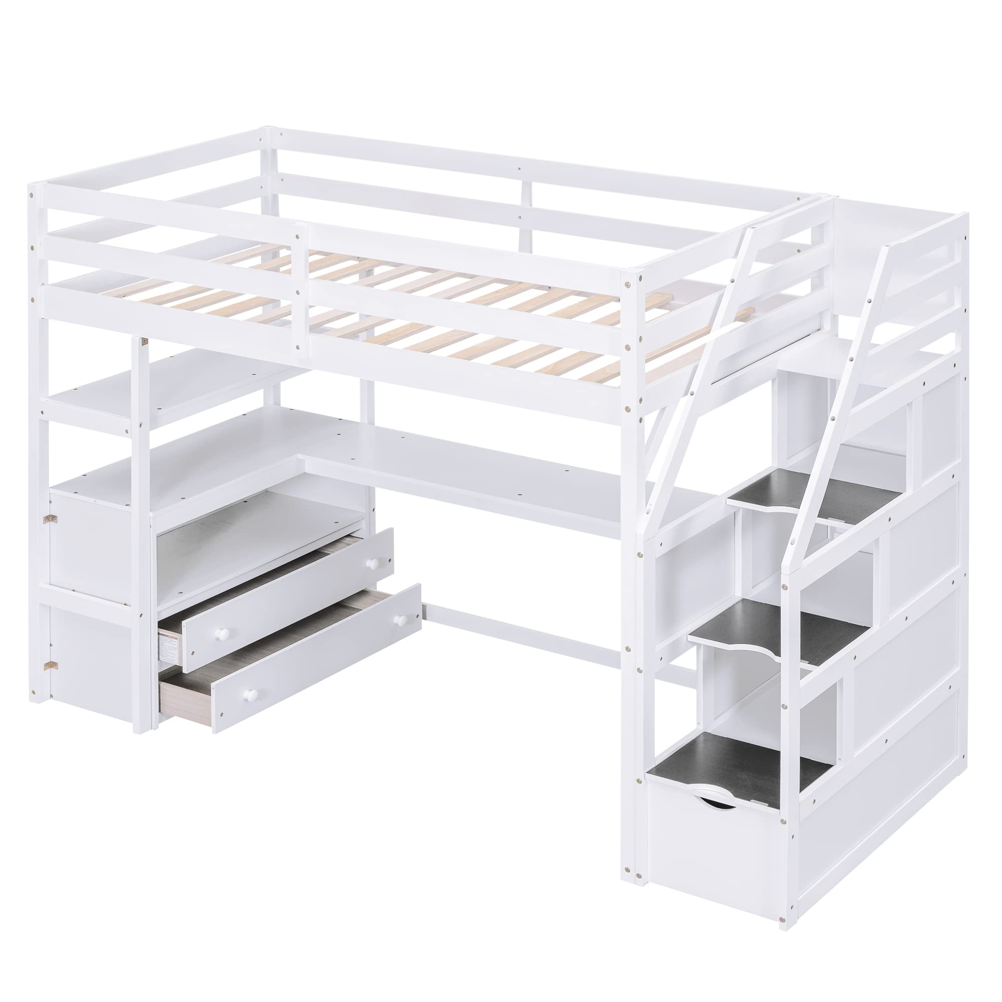 Twin Loft Bed with Stairs and Desk, Wood Loft Bed Frame with Storage Cabinet, High Loft Beds with Drawers & Shelf for Kids, Juniors, Teen, Boys, Girls, White