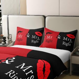 Mr Mrs Bedding 100% Cotton Set Black Red Creative Duvet Cover 100% Cotton Love Man Mustache Woman Lip Romance White Quote for Lover Couple Valentine Day Home Bedroom Decor Quilt Cover Queen Zipper