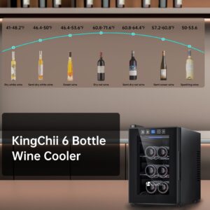 KingChii 6 Bottle Thermoelectric Wine Cooler Refrigerator Advanced Cooling Technology, Stainless Steel & Tempered Glass For Red Wine, Champagne for Home, Kitchen, or Office