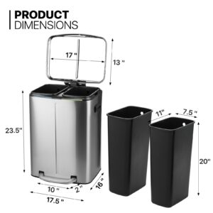 MoNiBloom 2-Compartment Step Trash Can with Soft-Close Lid for Kitchen Bathroom Bedroom Living Room Home Office Dorm Fingerprint-Proof Foot Pedal Garbage Bin Removable Bucket Stainless Steel 40-Liter