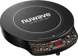 nuwave precision induction cooktop, 10.25” shatter-proof ceramic glass, 6.5” heating coil, 45 temps from 100°f to 500°f, 3 wattage settings 600, 900 & 1300 watts