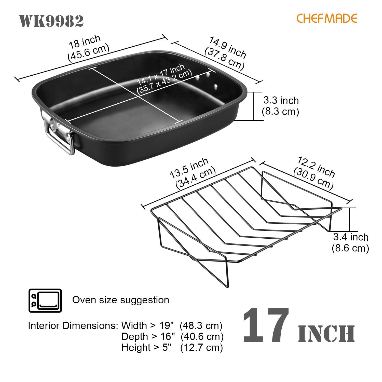 CHEFMADE Roasting Pan, 17-Inch Non-Stick Large Roasting Pan for Turkey, Roaster Lasagna Pan with V Rack Rectangular Deep Dish Oven-BBQ Bakeware for Oven Baking 17.1" x 14.1" x 3.3" (Black)