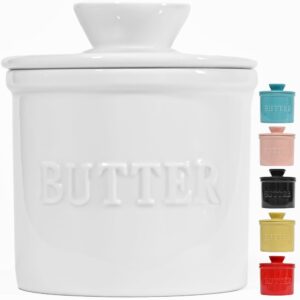 prioritychef french butter crock with lid, keep butter spreadable & fresh, butter keeper to leave on counter, french butter dish perfect for bread and toast, ideal kitchen gift, white