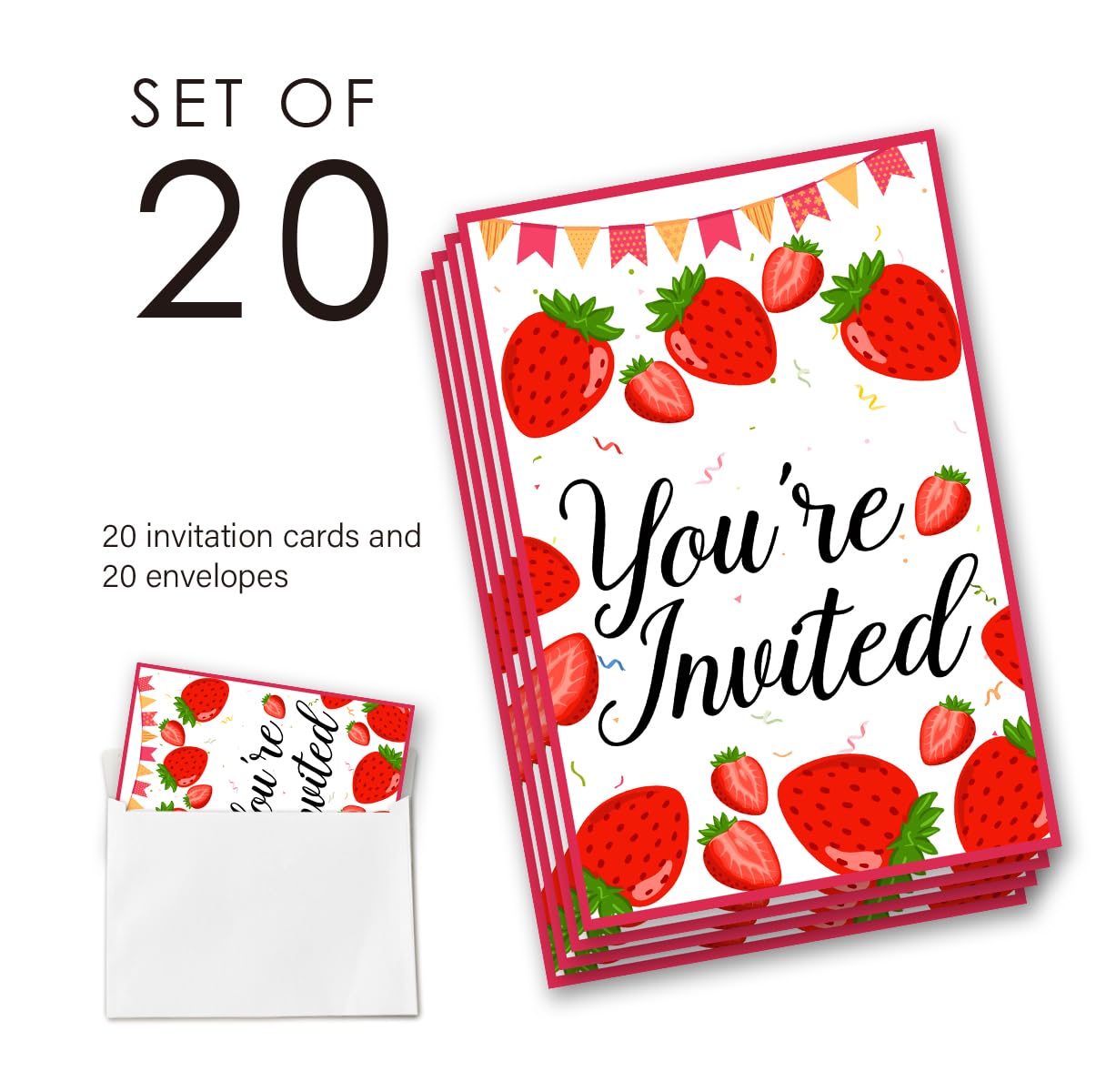 EUDOSI Strawberry Berry First Birthday Party Invitations Supplies Fill-In Set of 20 with Envelopes Strawberry 1st Birthday Bash Invites Cards, Double Sided