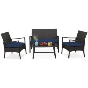 tangkula 4 pieces outdoor conversation set, patio pe wicker sofa with tempered glass coffee table, soft seat cushions included, modern rattan chair table set for porch, backyard (1, navy)