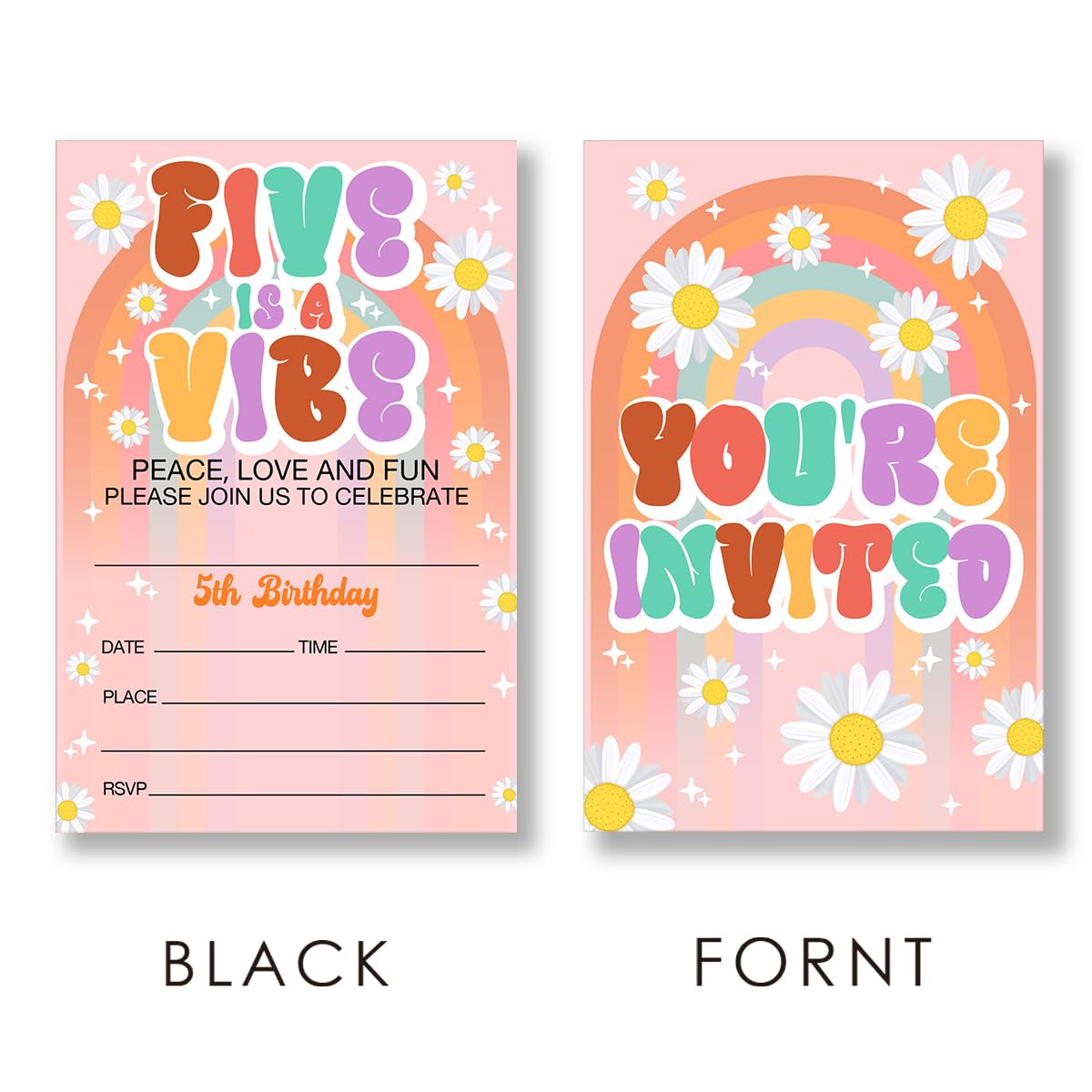 EUDOSI Five is a Vibe Groovy 5th Birthday Party Invitations Supplies Fill-In Set of 20 with Envelopes Groovy 5 Years Old Birthday Bash Invites Cards, Double Sided