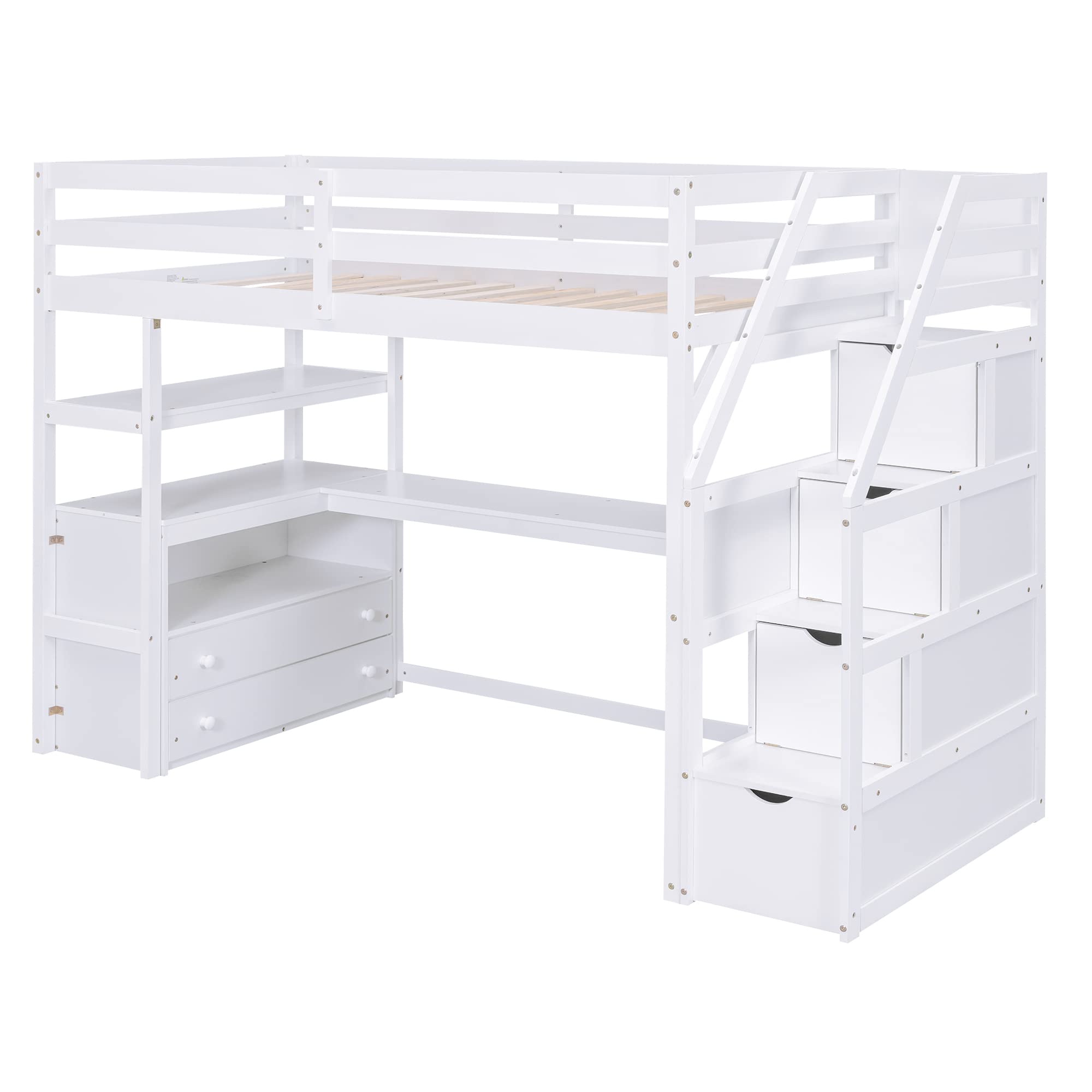 Twin Loft Bed with Stairs and Desk, Wood Loft Bed Frame with Storage Cabinet, High Loft Beds with Drawers & Shelf for Kids, Juniors, Teen, Boys, Girls, White