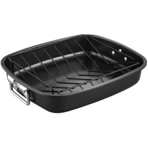 chefmade roasting pan, 17-inch non-stick large roasting pan for turkey, roaster lasagna pan with v rack rectangular deep dish oven-bbq bakeware for oven baking 17.1" x 14.1" x 3.3" (black)