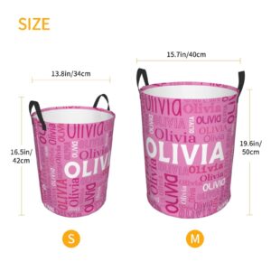 Custom Name Laundry Hamper, Personalized Dirty Clothes Hamper Storage Basket with Name for Bathroom Bedrooms, Customized Name Circular Hamper with Handles Gifts for Boys Girls Men Women Hot Pink M