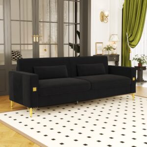 TUBAIHON 85" Black Velvet Couch, Living Room Sofa Modern Design, 3 People Sofa with 2 Pillows for Couch (18 Black)