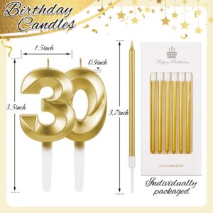 Mtlee Birthday Candles Set for Cakes Including 6 Long Thin Metallic Birthday Candles and Number Birthday Candles for Anniversary Celebration Party Topper Decorations Men Women (Gold,30)