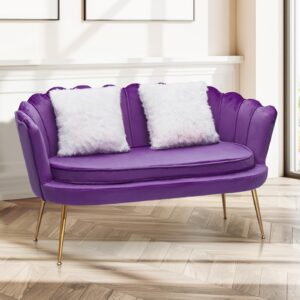 MoNiBloom 52" Purple Velvet Loveseat Sofa with 2 Pillows, Modern 2-Seater Sofa Upholstered Tufted Love Seat Couch with Golden Metal Legs for Living Room Conference Room, 300 Lbs Capacity