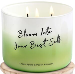 green apple peach blossom candle | natural soy 3-wick scented candle large 15.8 oz | apple scented candle | bloom into your best self holiday candle gifts, aromatherapy relaxing candle for women & men