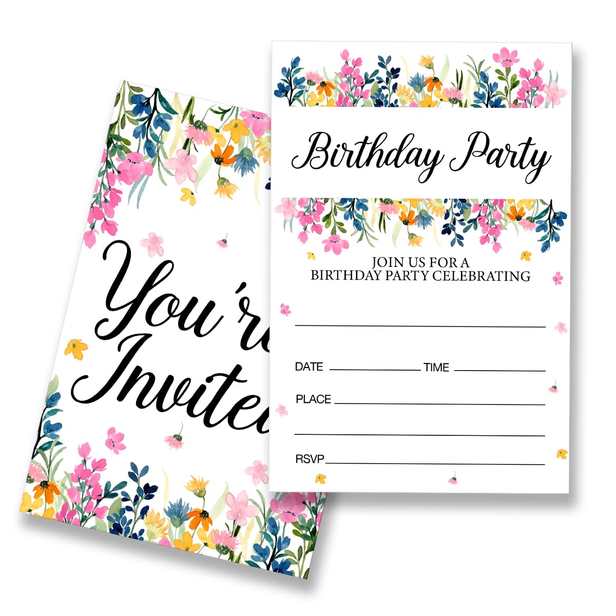 EUDOSI Wildflower Birthday Party Invitations Supplies Fill-In Set of 20 with Envelopes Floral Birthday Bash Invites Cards, Double Sided