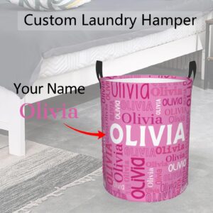 Custom Name Laundry Hamper, Personalized Dirty Clothes Hamper Storage Basket with Name for Bathroom Bedrooms, Customized Name Circular Hamper with Handles Gifts for Boys Girls Men Women Hot Pink M