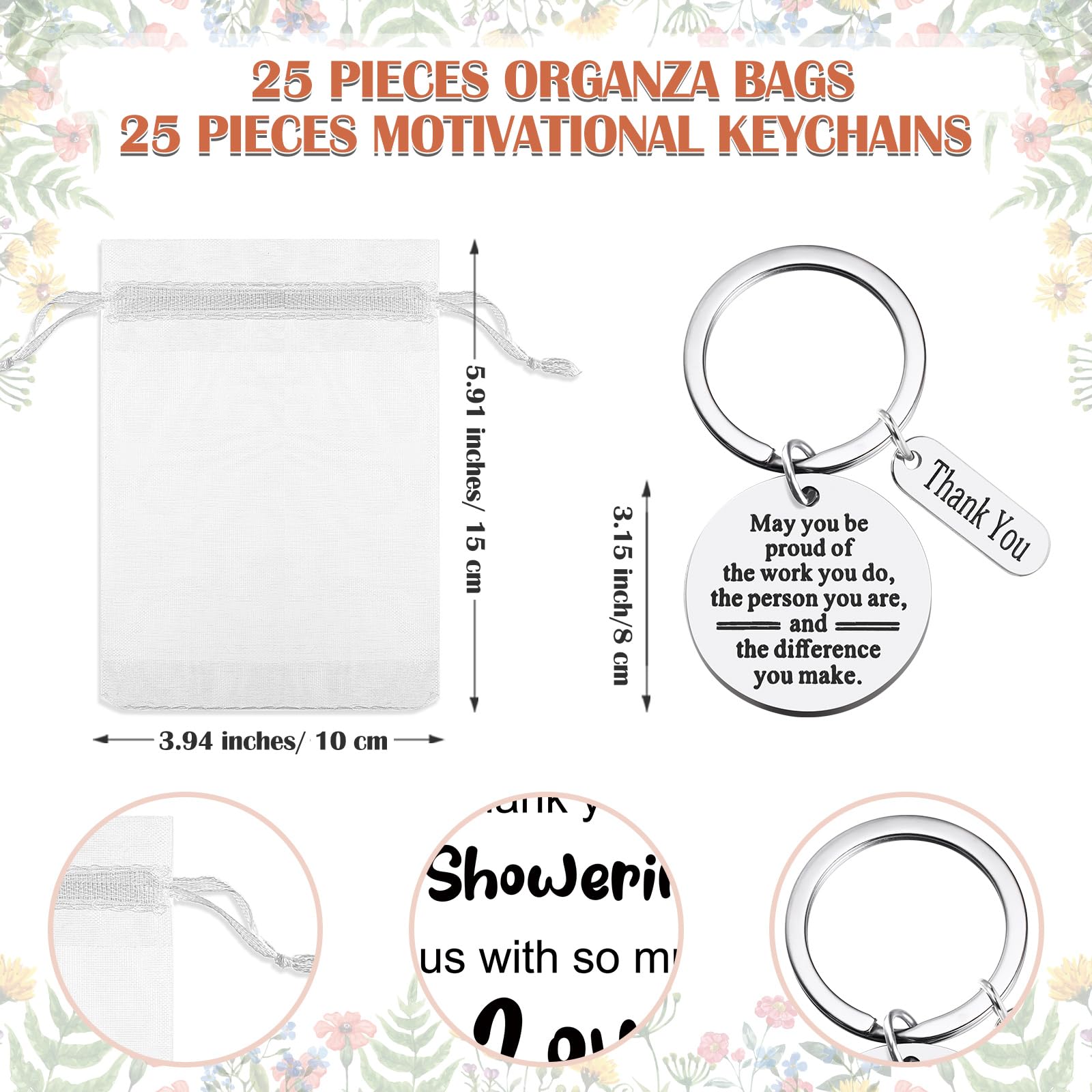 Huquary 25 Sets Employee Appreciation Gifts for Coworker Include 25 Pcs Thank You Keychain 25 Pcs White Seed Packets with White Organza Bags (No Seeds)