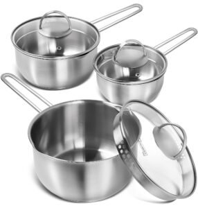 michelangelo stainless steel saucepan with lid & pour spout 1qt & 2qt & 3qt, tri-ply bottom sauce pan set, sauce pot set - 6 pcs